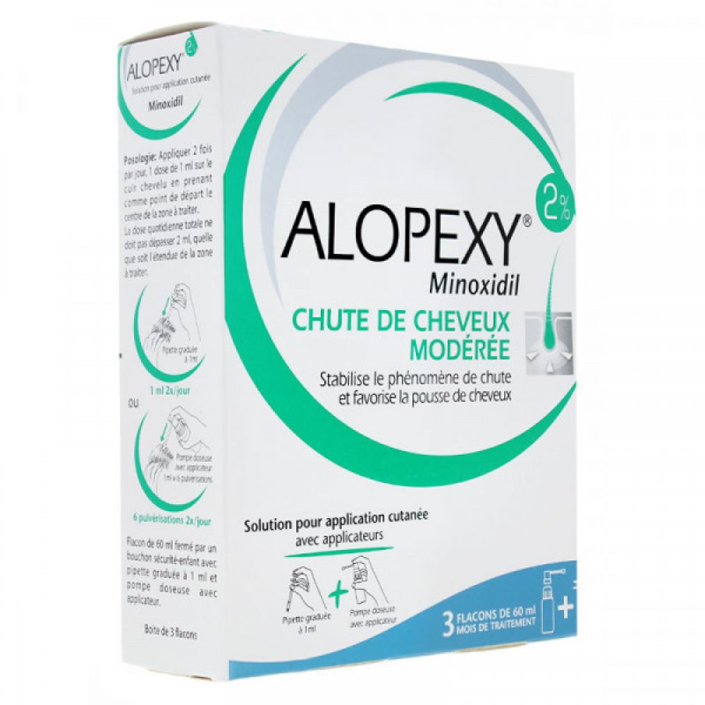 Alopexy 2% - 3 flacons de 60 ml pour la chute de cheveux.