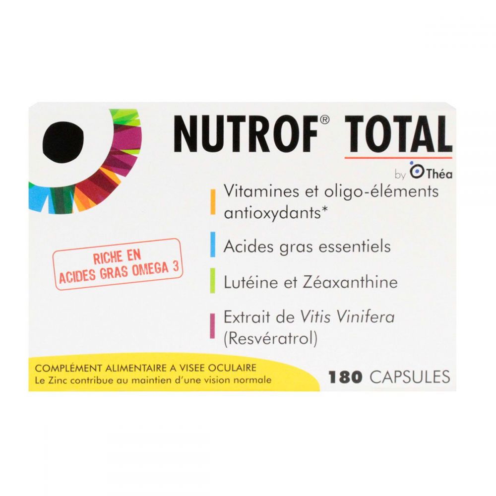 Nutrof total 180 capsules, complément alimentaire à visée oculaire.